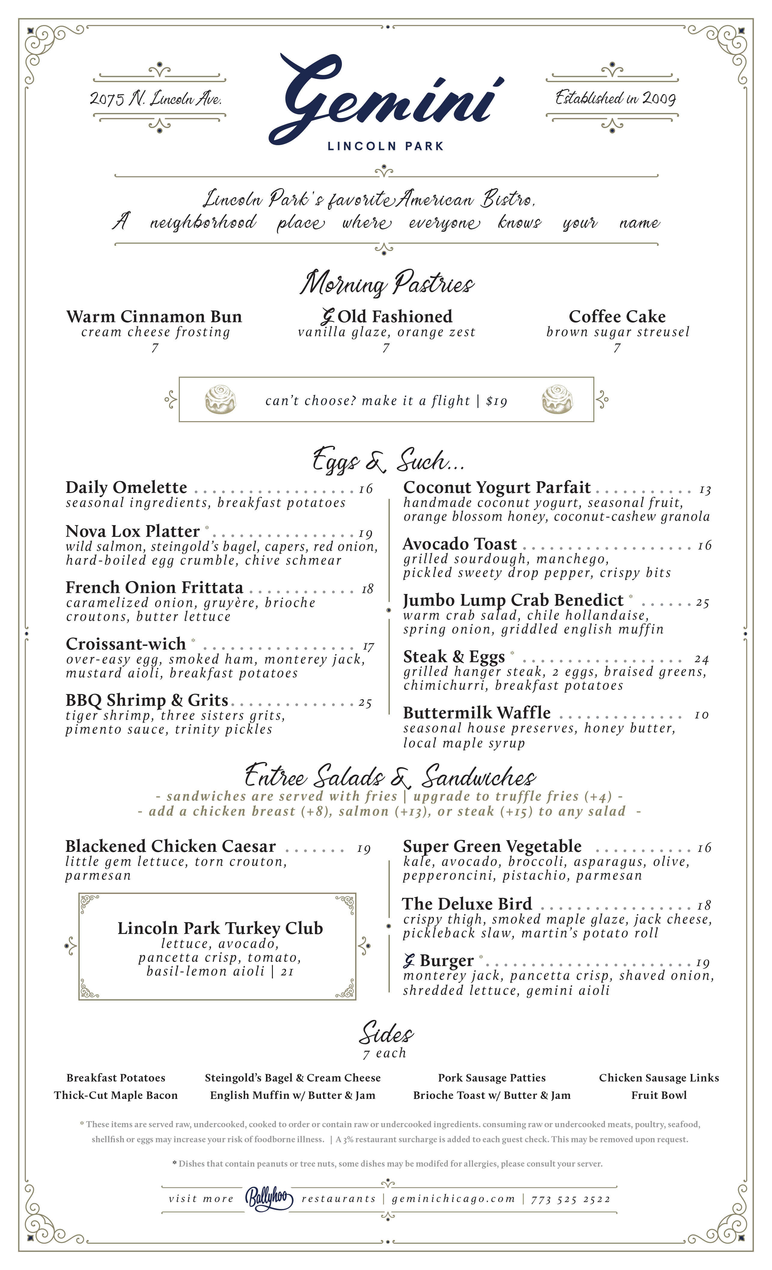 Gemini Menu, Classic American Dinner, Brunch & Cocktails