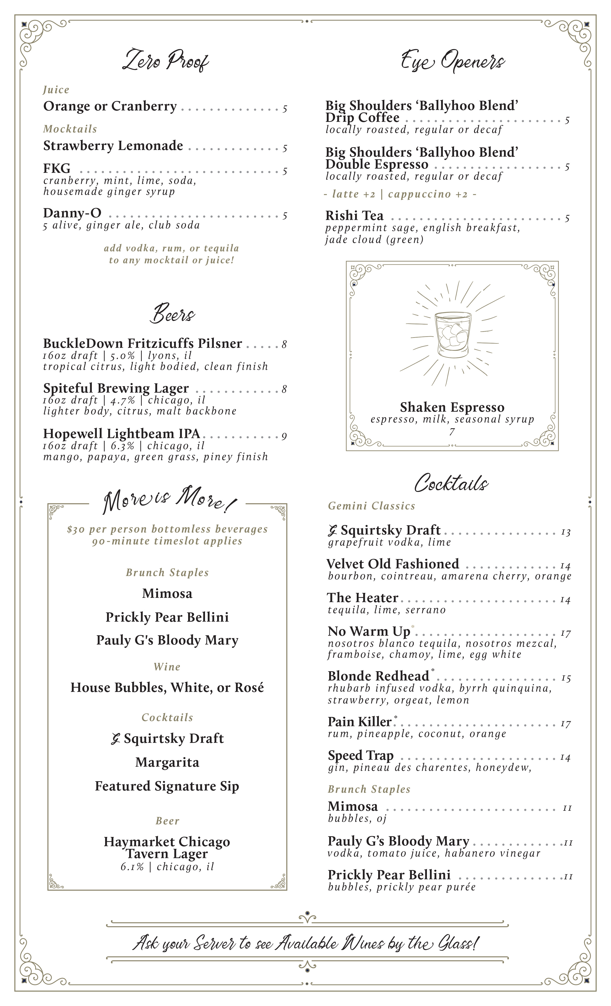 Gemini Menu, Classic American Dinner, Brunch & Cocktails