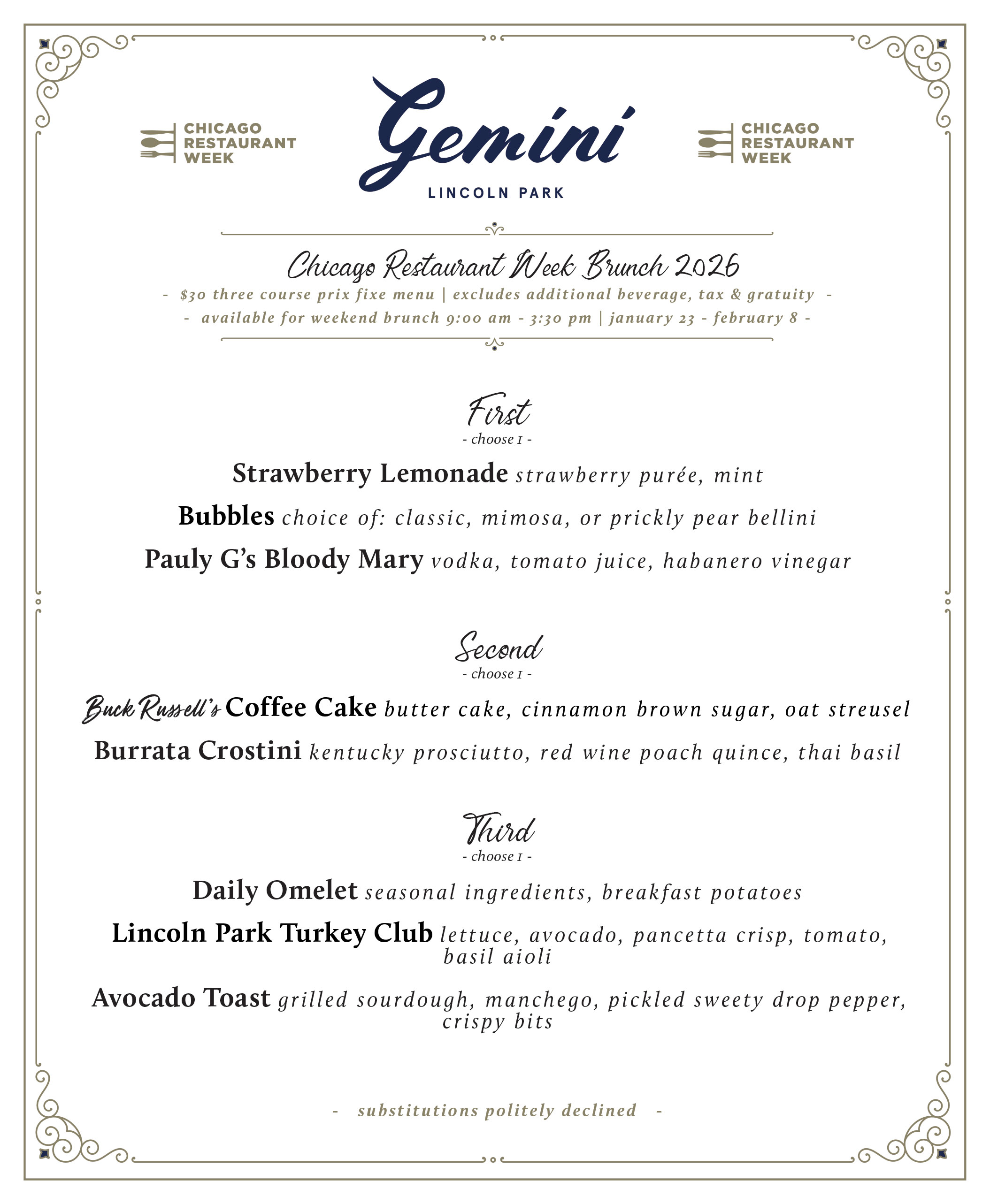 Gemini Menu, Classic American Dinner, Brunch & Cocktails