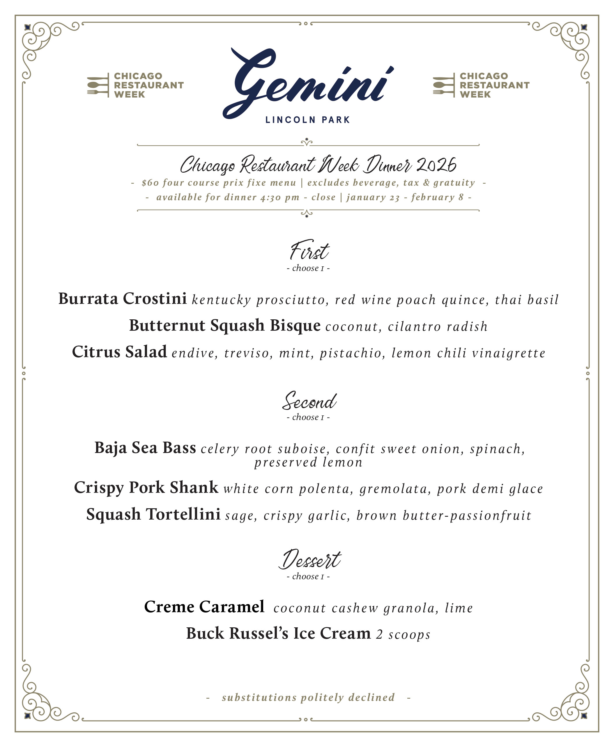 Gemini Menu, Classic American Dinner, Brunch & Cocktails